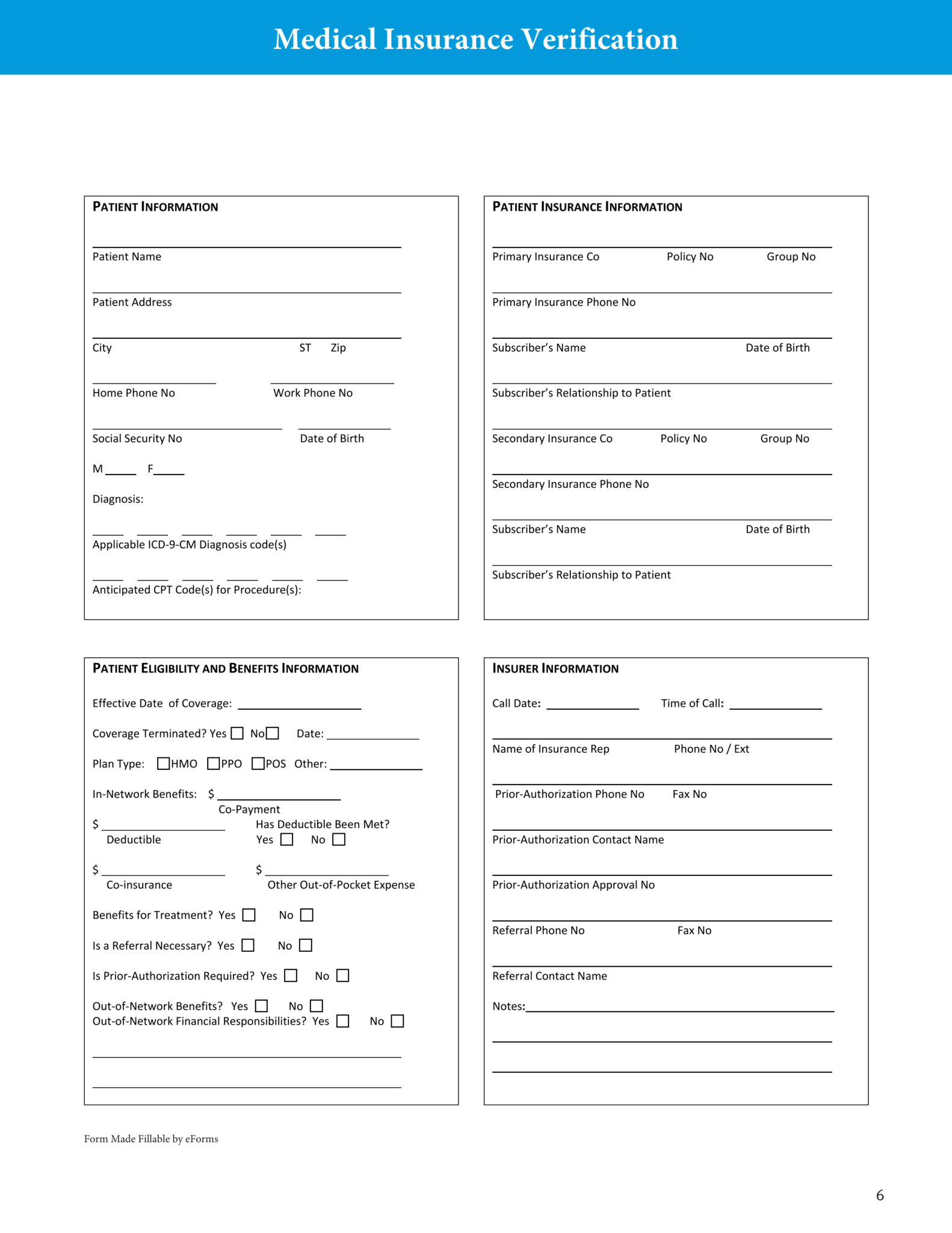 Medical Insurance Verification of Benefits Form Template