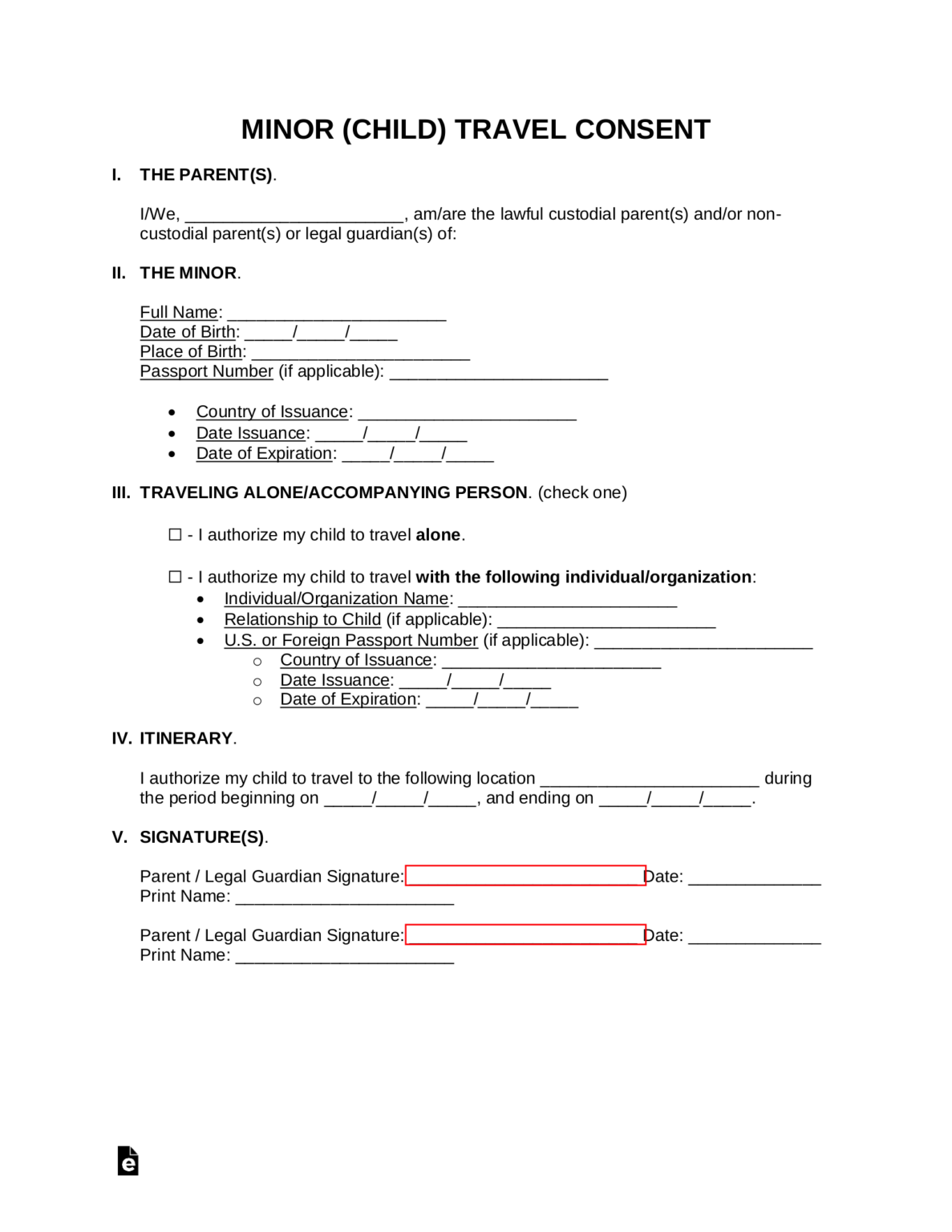 Minor Child Travel Consent Form Template