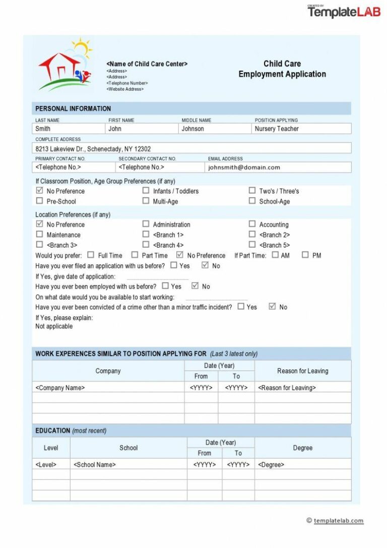 Nursery Job Application Form Template