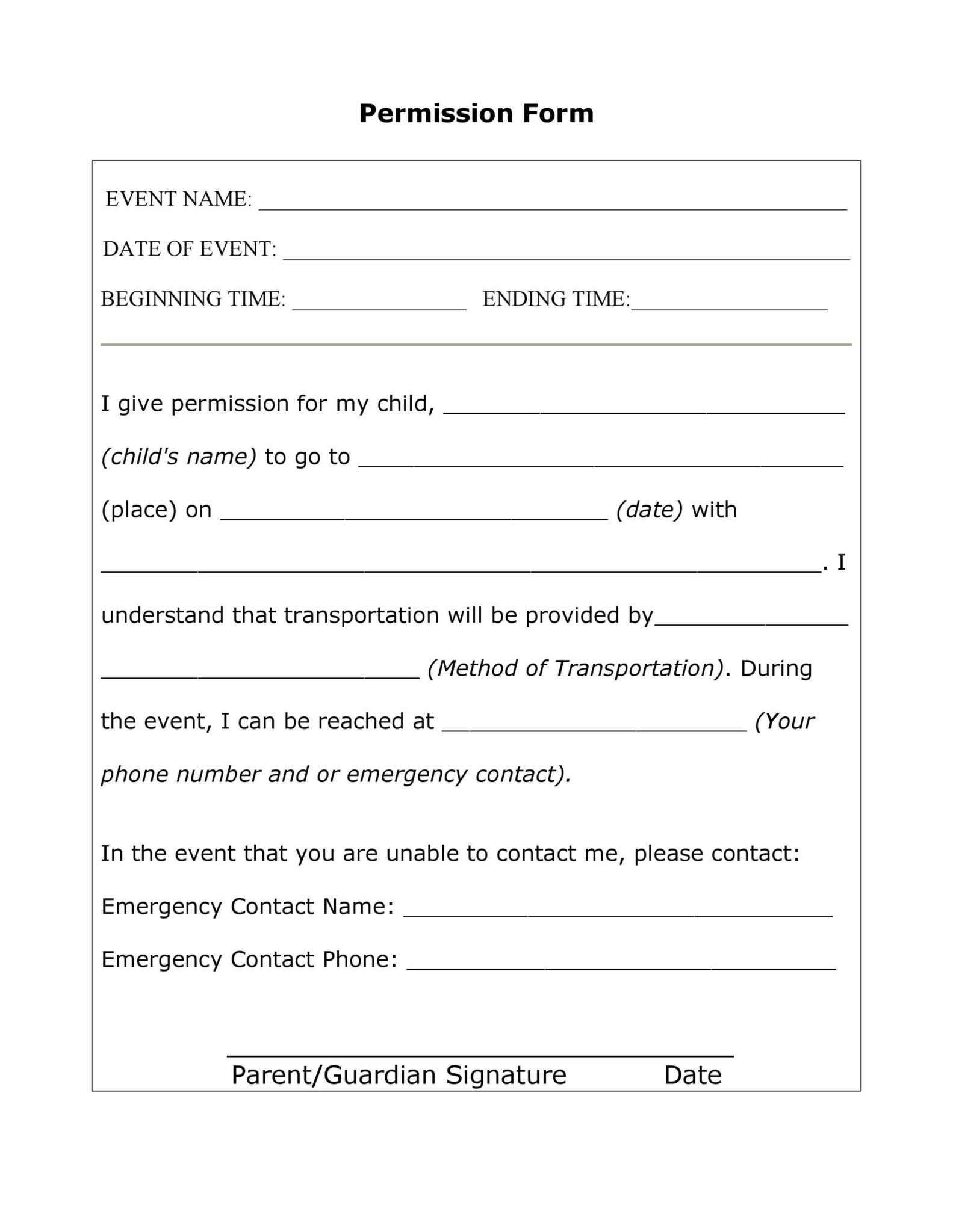 Overnight Field Trip Permission Form Template