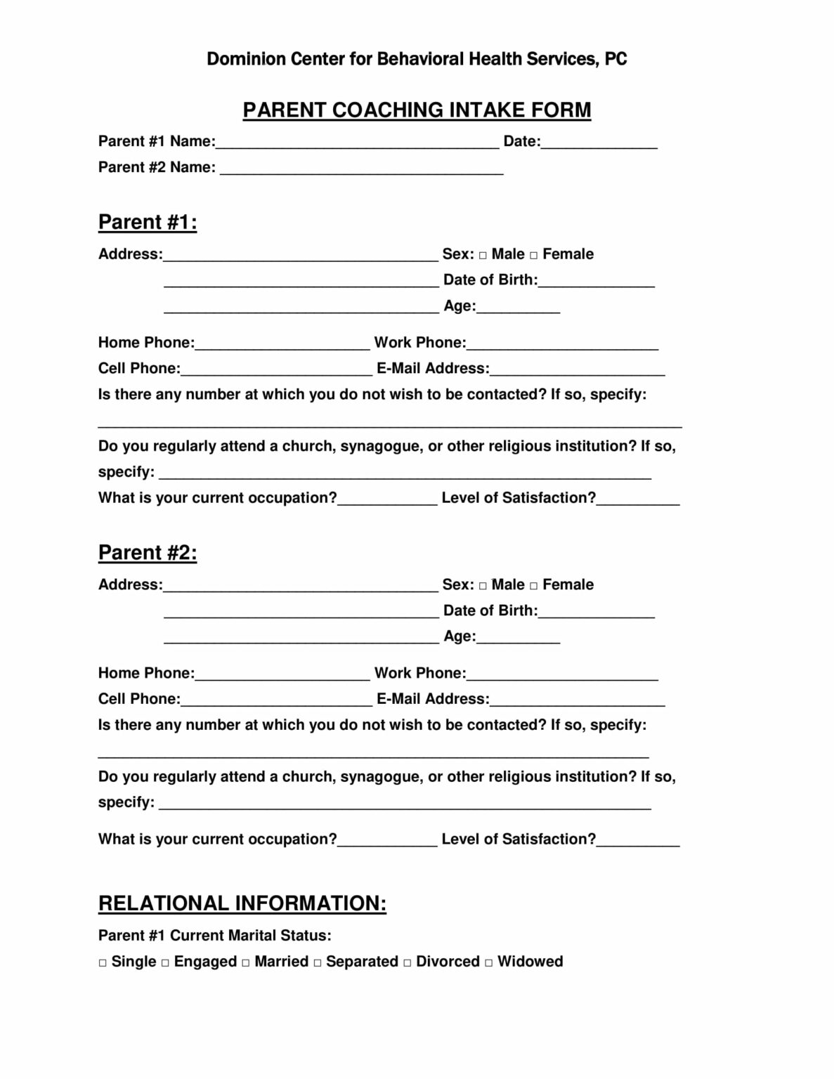 Parent Coaching Intake Form Template