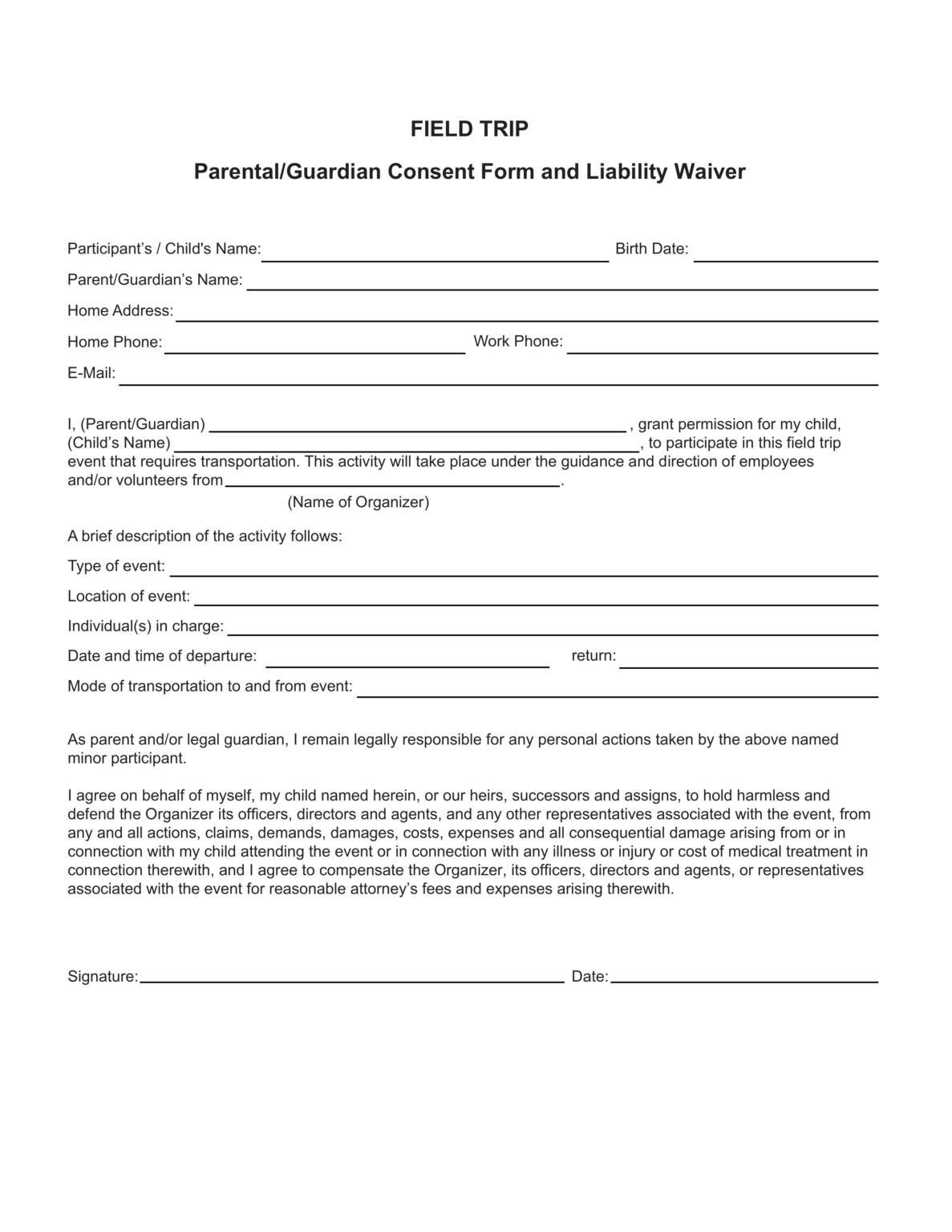 Parent Field Trip Permission Form Template