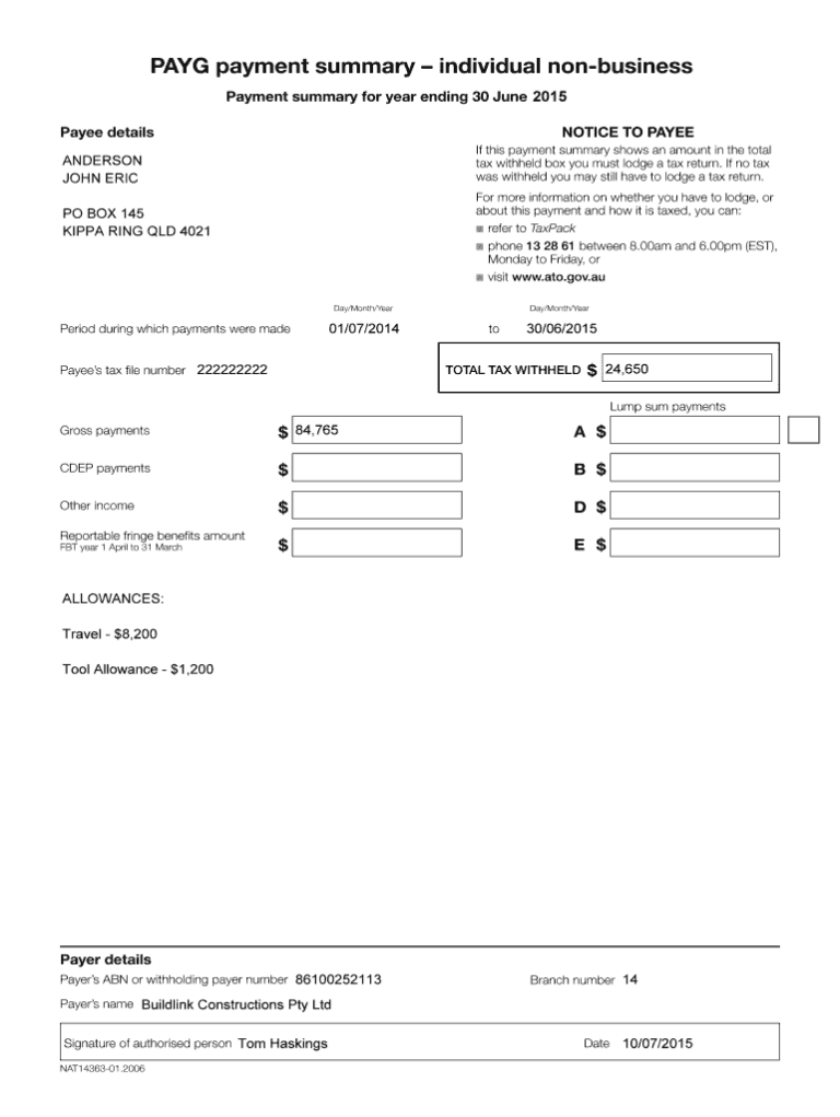 Payg Payment Summary Form Template