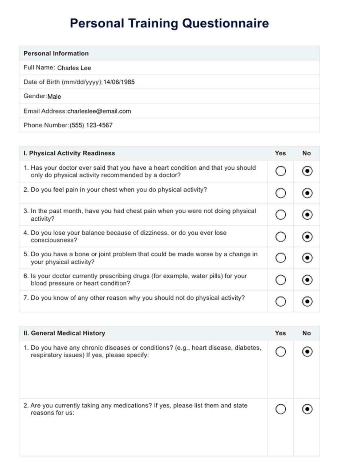 Personal Training Questionnaire Form Template
