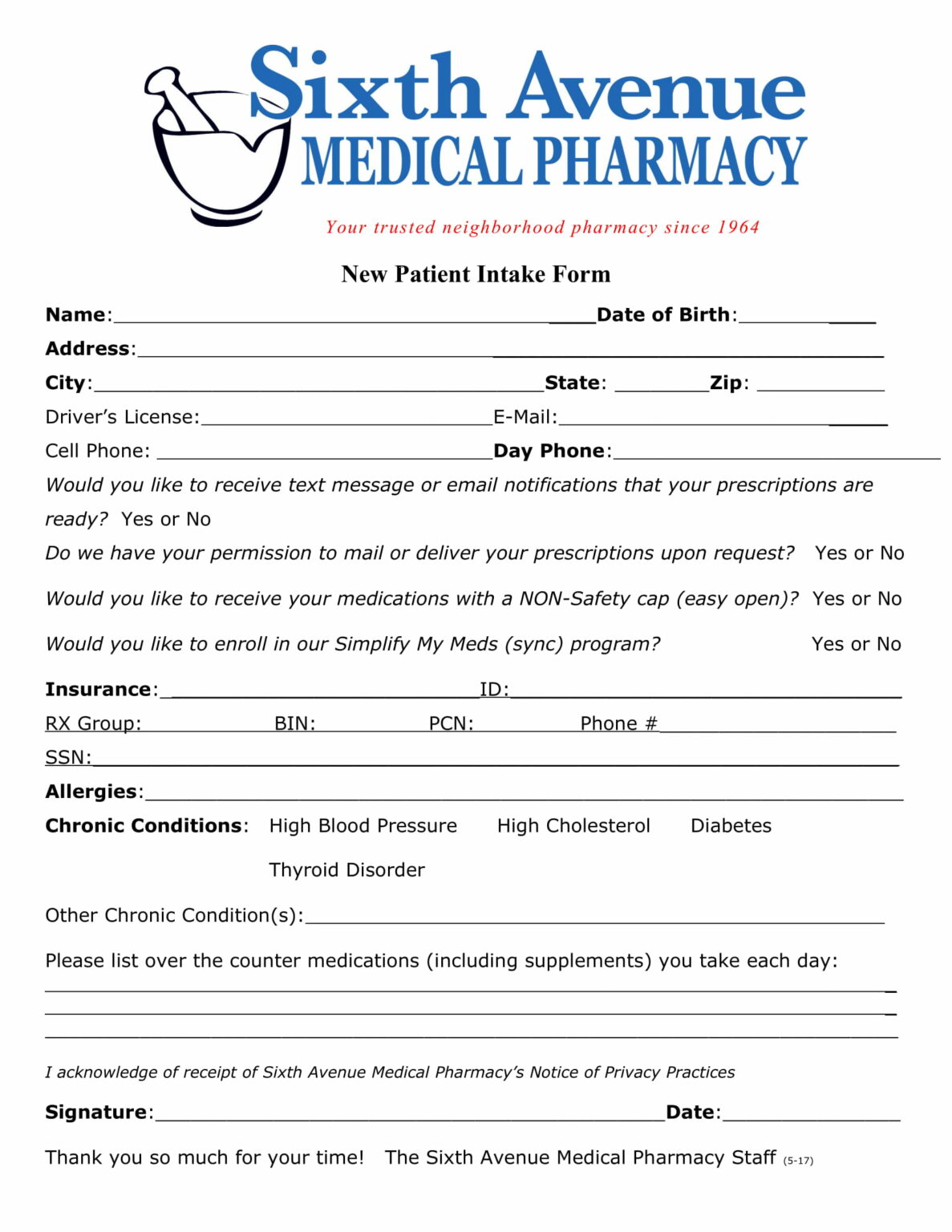 Pharmacy Patient Intake Form Template