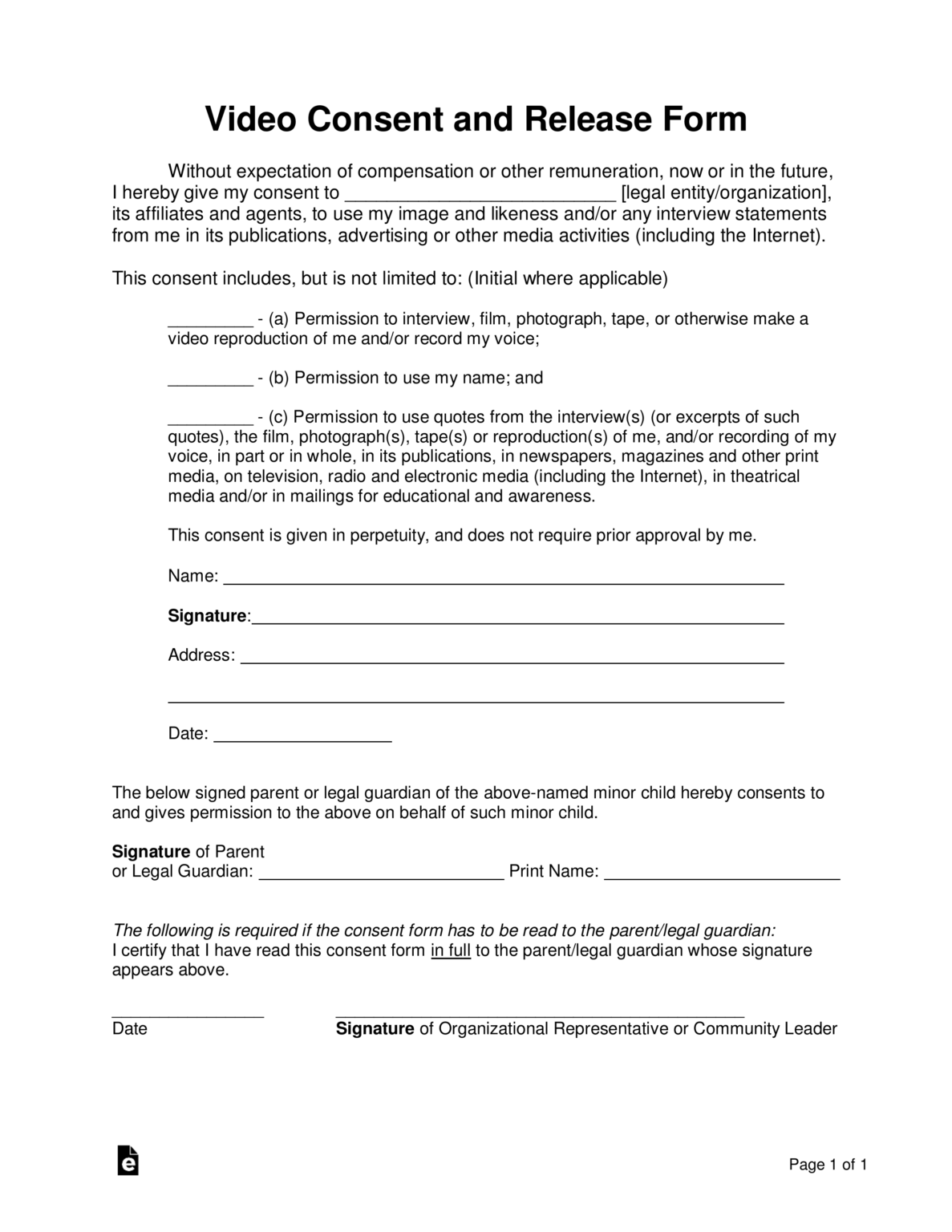Photography and Filming Consent Form Template