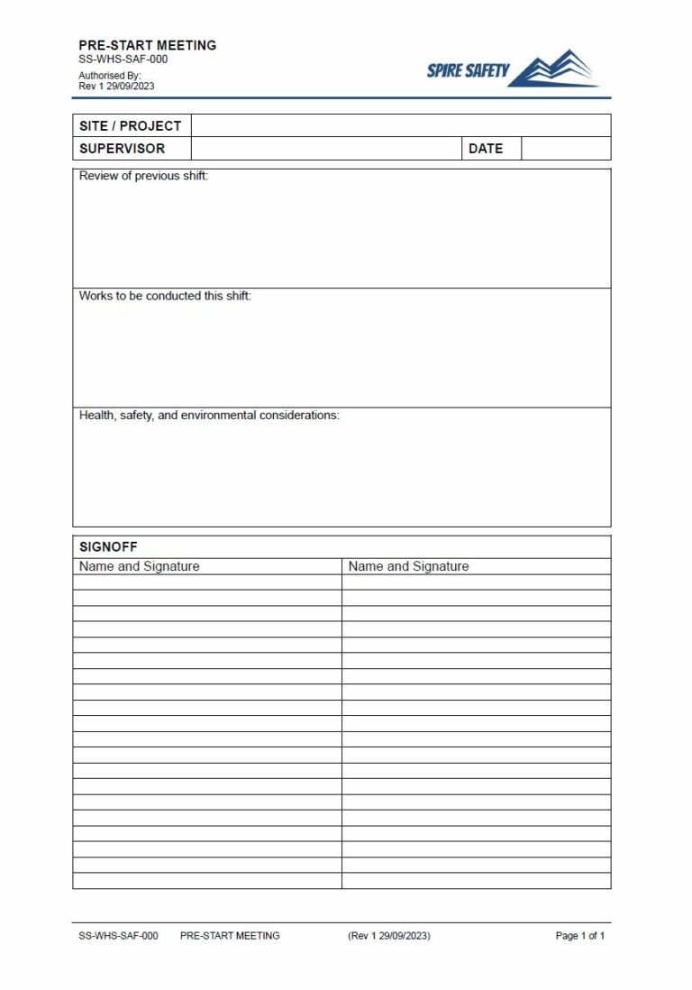 Pre Start Meeting Form Template