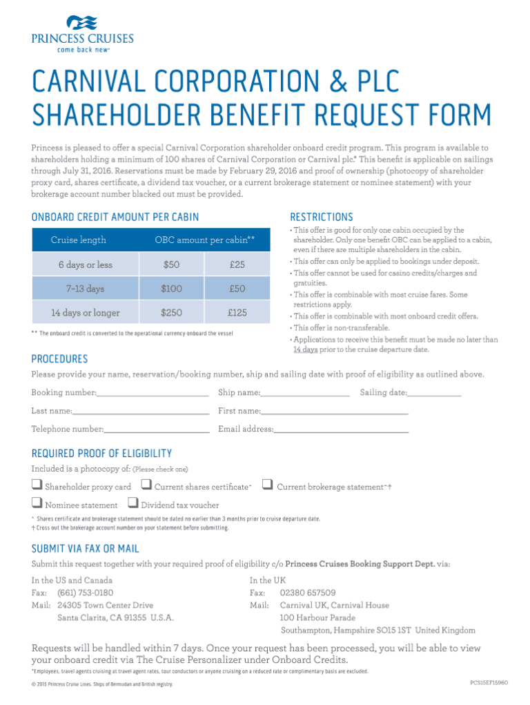 Princess Shareholder Benefit Form Template