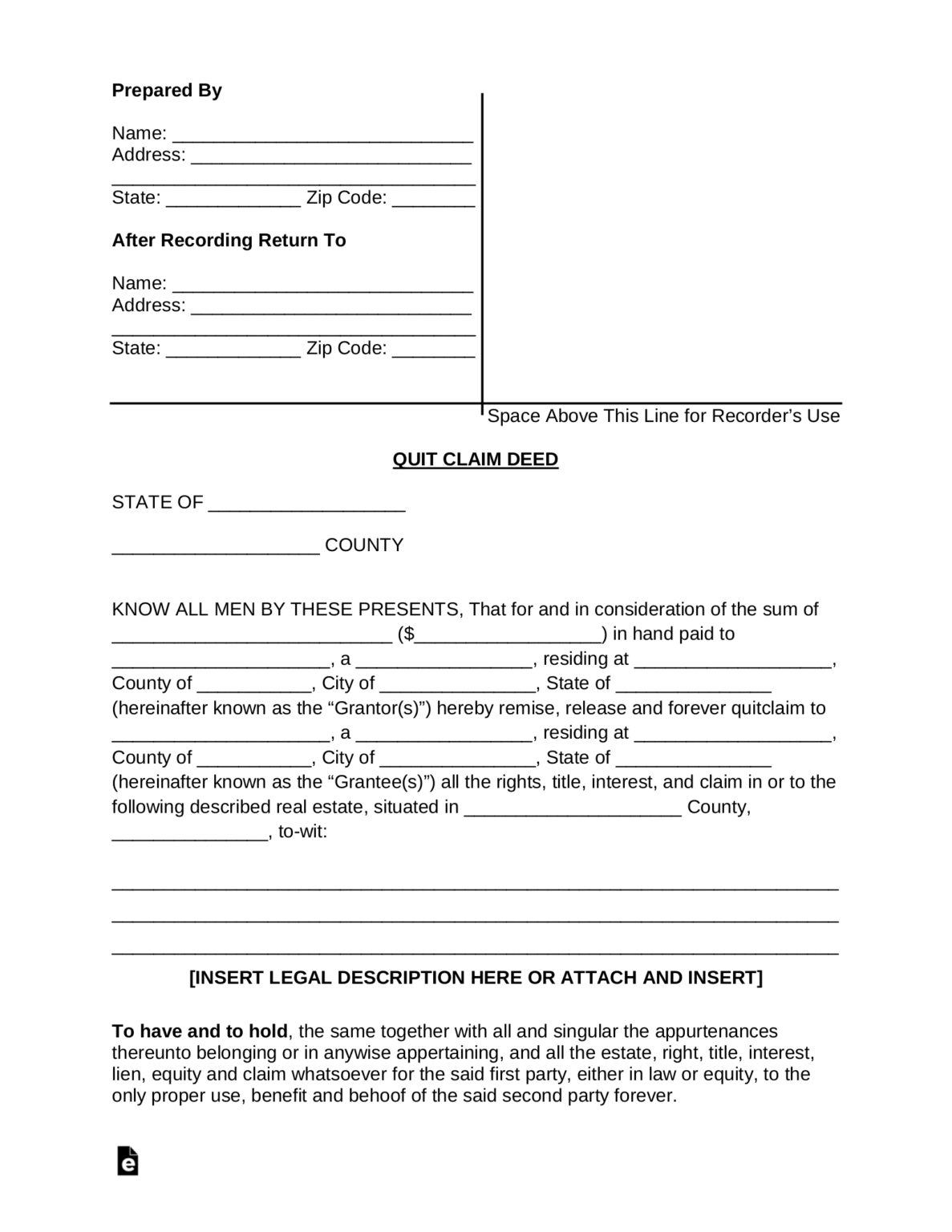 Quick Claim Deed Form Template