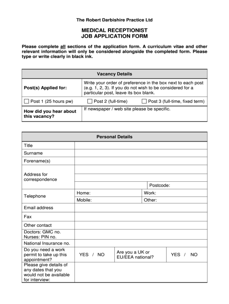 Receptionist Job Application Form Template