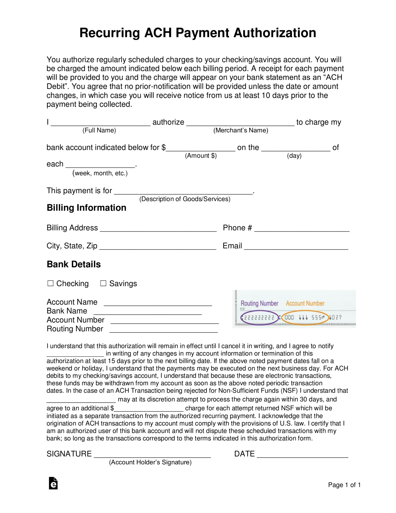 Recurruing ACH Enrollment Form Template