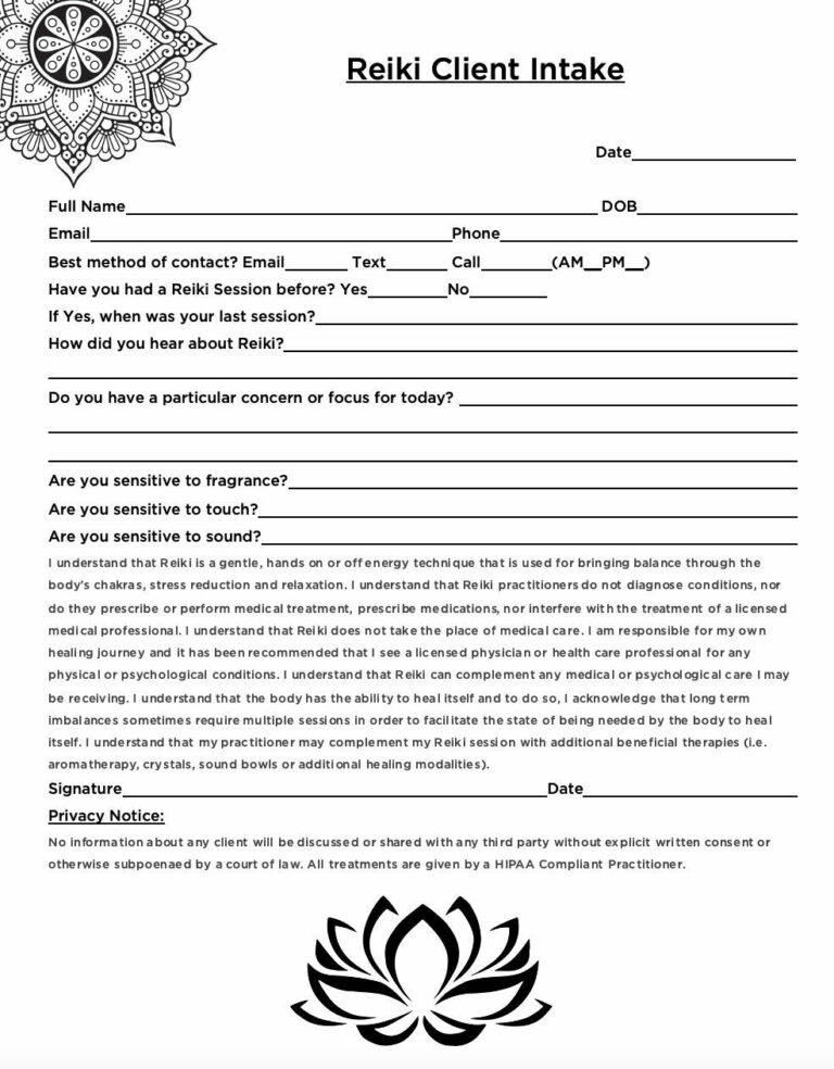 Reiki Session Intake Form Template