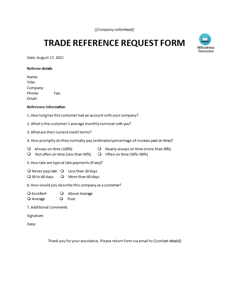 Request For Trade Reference Form Template