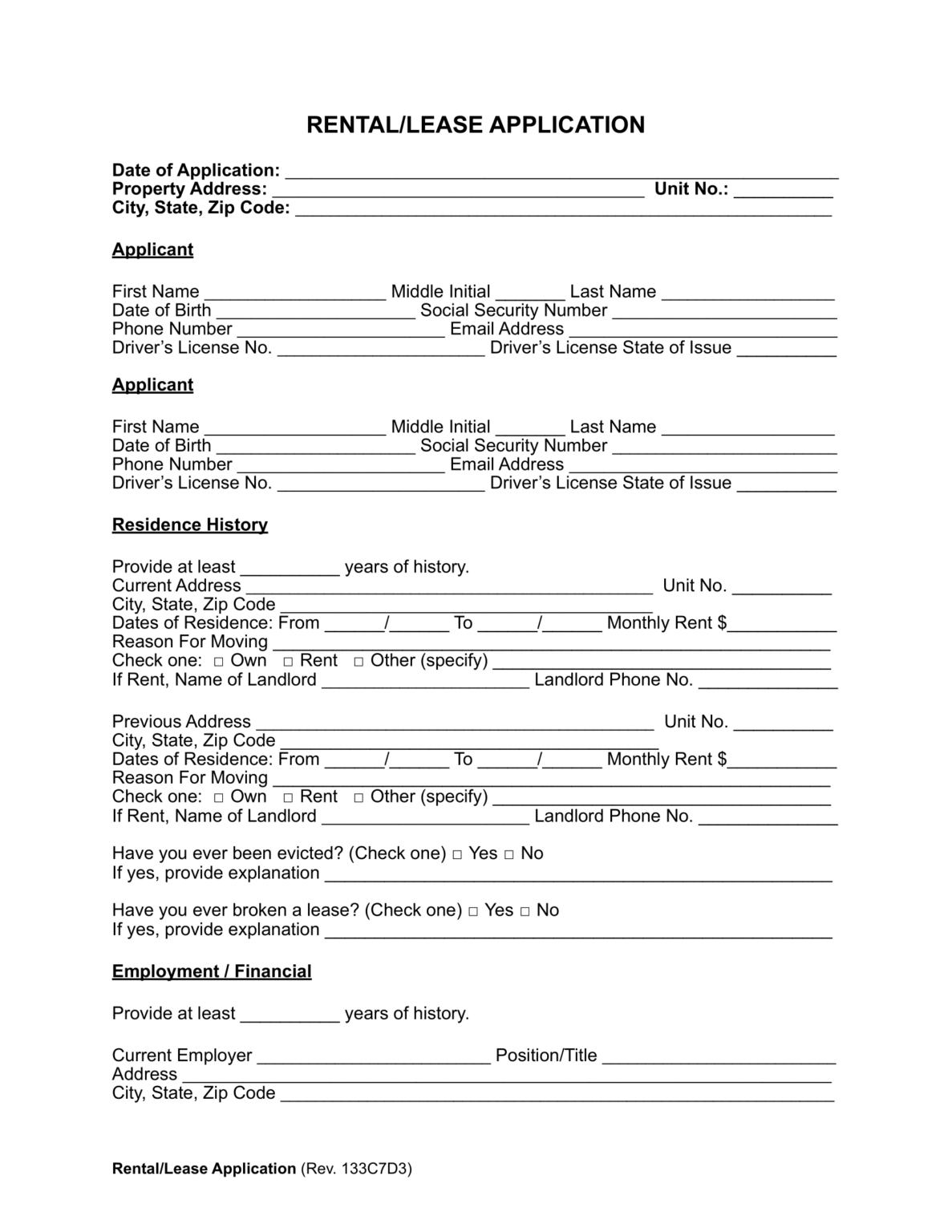 Residential Tenancy Application Form Template