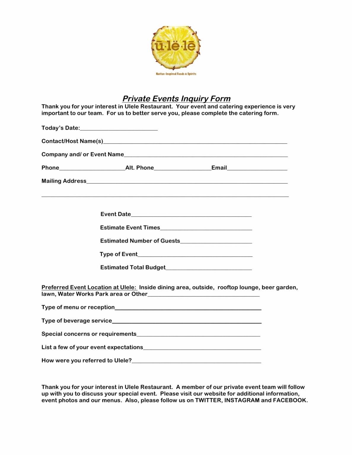 Restaurant Private Event Inquiry Form Template