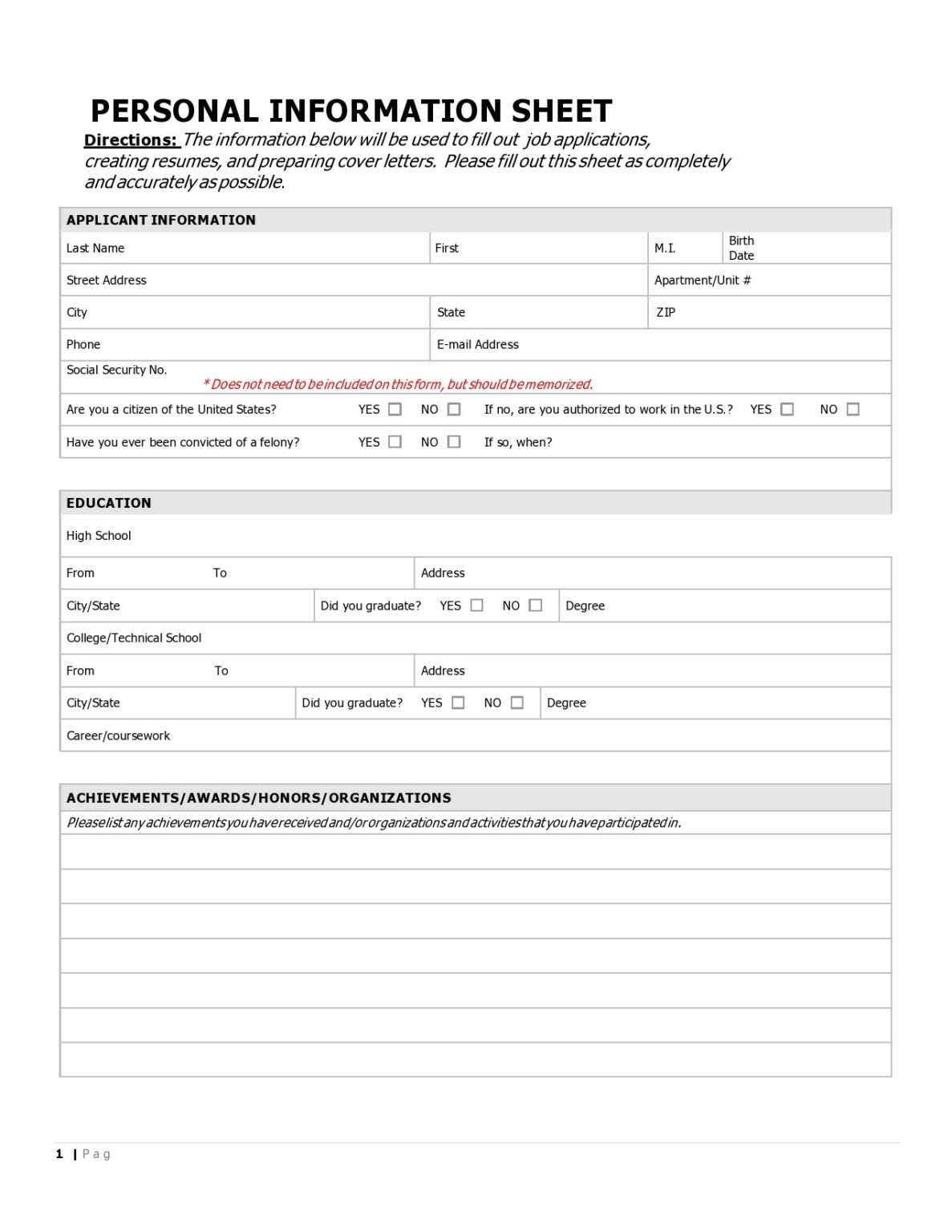 Resume Personal Data Form Template