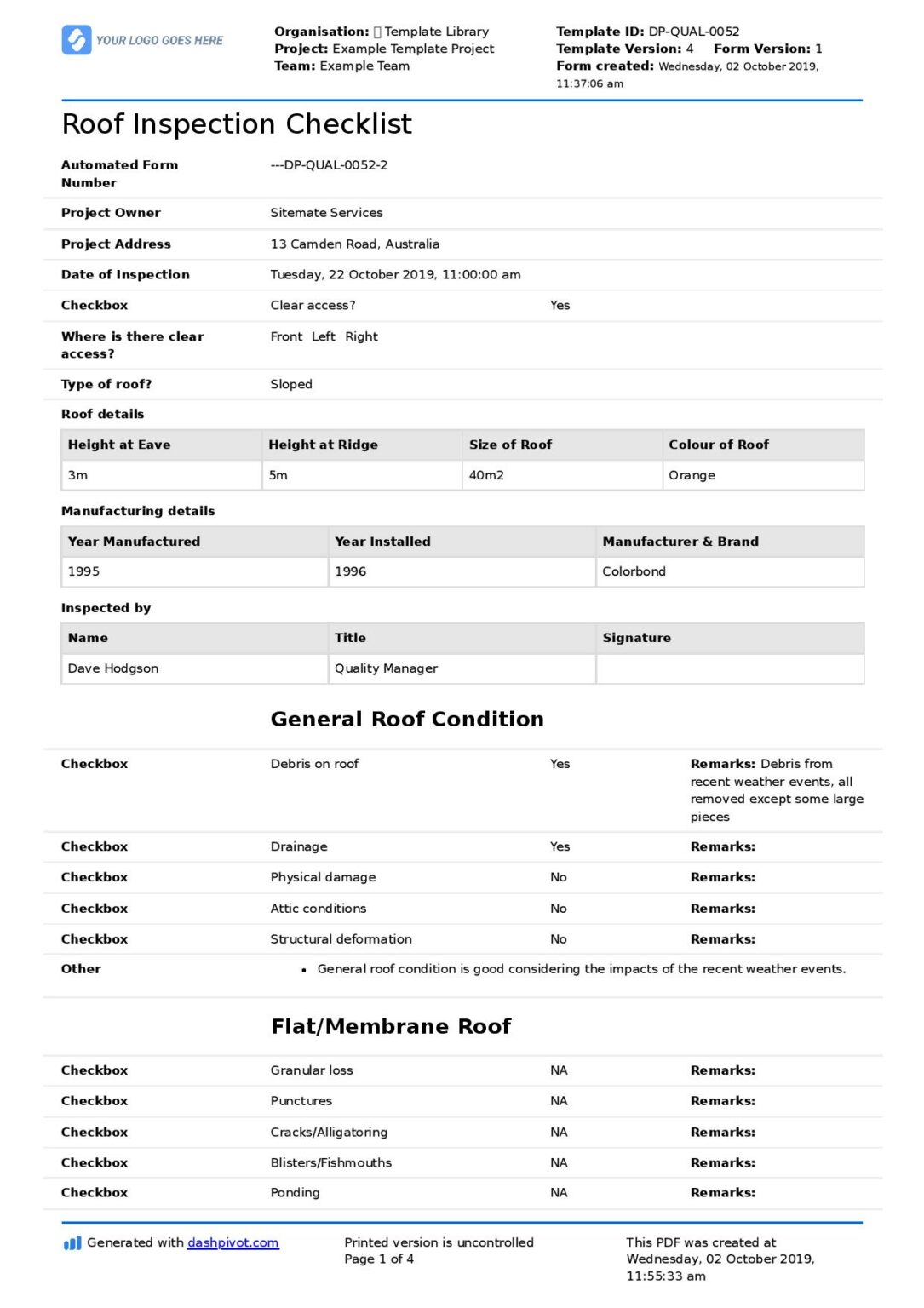 Roof Inspection Documentation Form Template