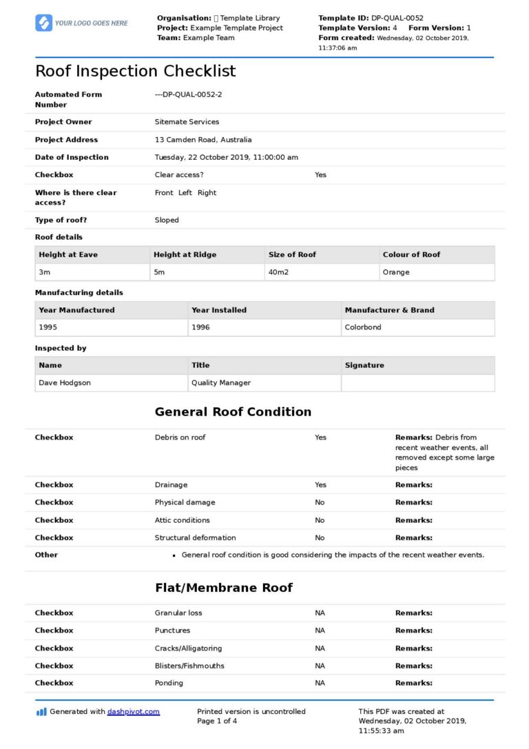 Roof Inspection Documentation Form Template