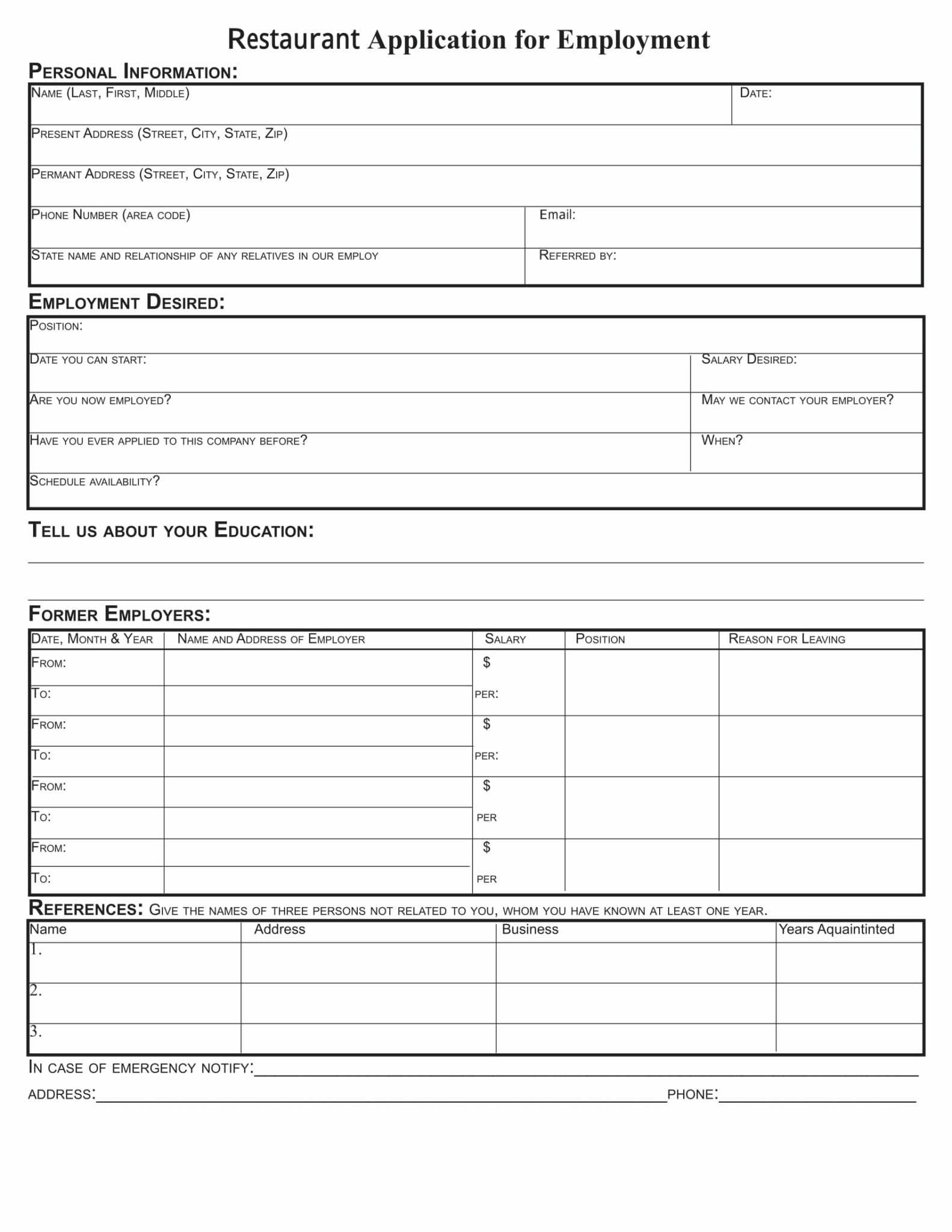 Rstaurant Employee Application Form Template