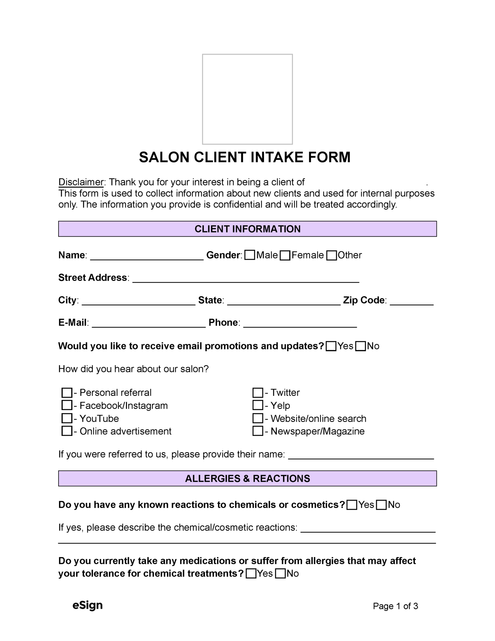 Salon Client Information Form Template