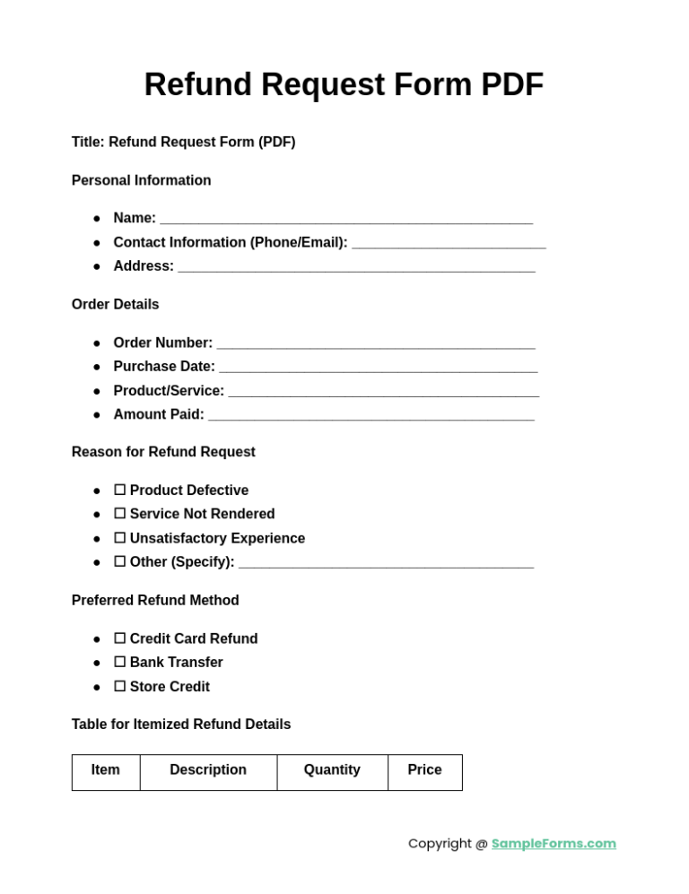 Simple Customer Refund Form Template