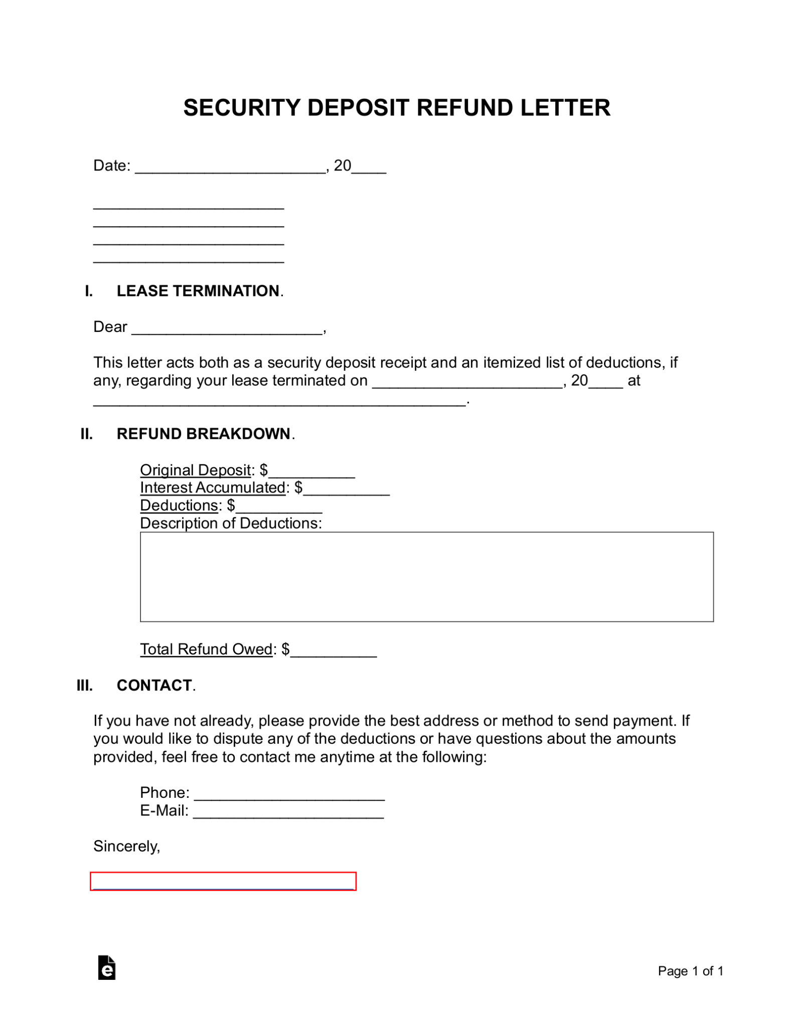 Simple Deposit Refund Form Template
