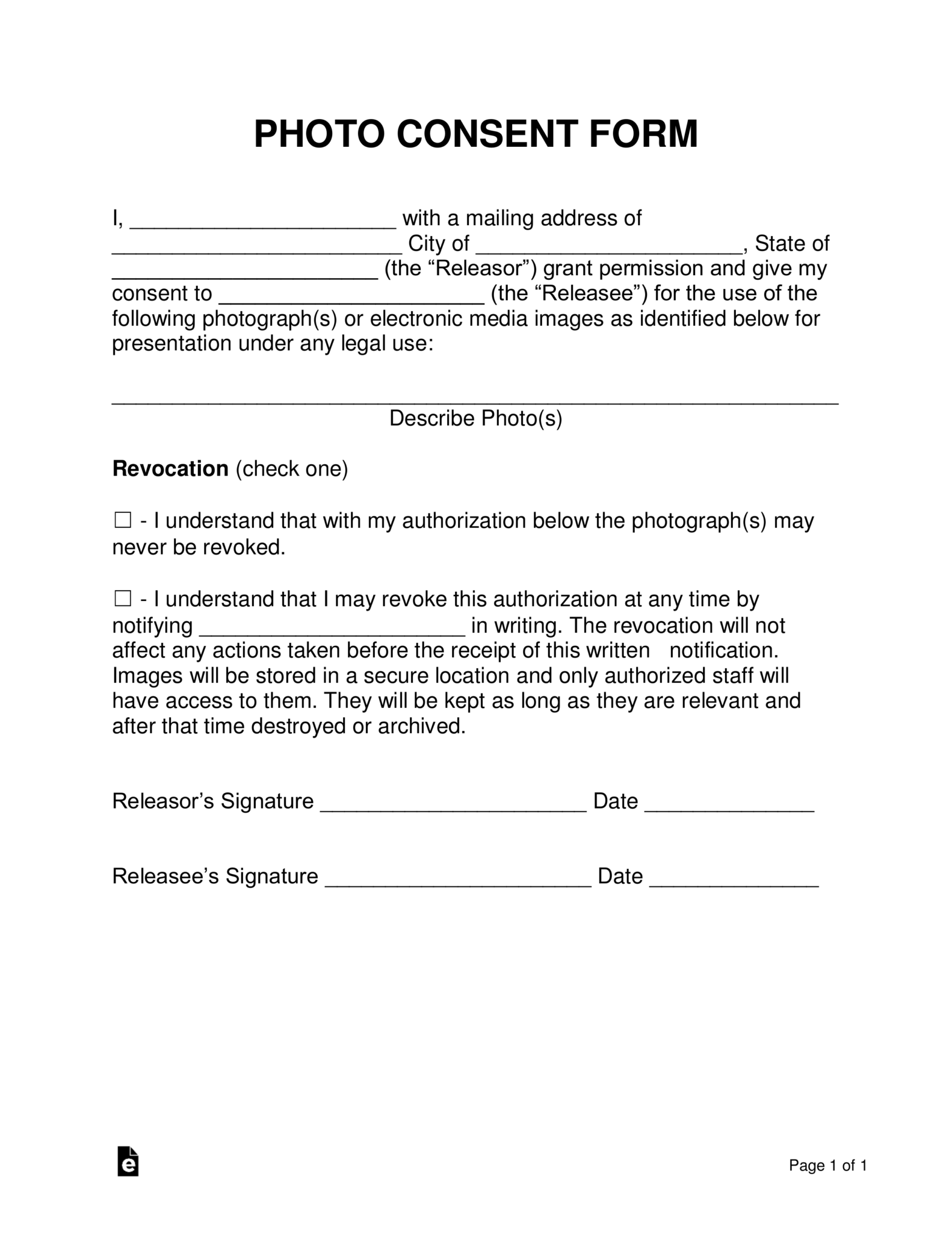 Simple Photo Consent Form Template