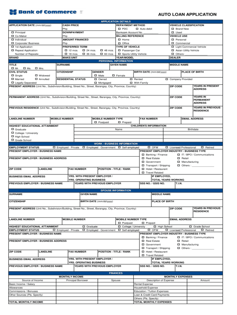 Simple Vehicle Loan Application Form Template