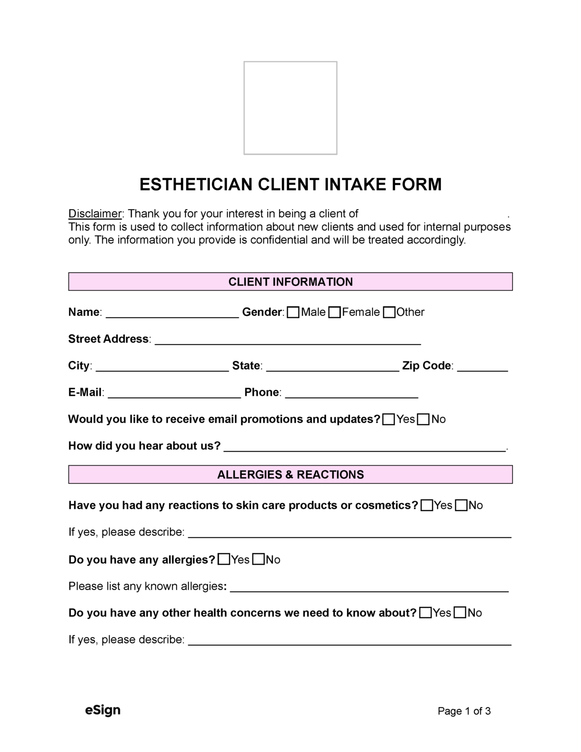 Skin Care Intake Form Template