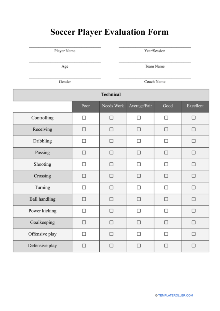 Soccer Player Evaluation Form Template