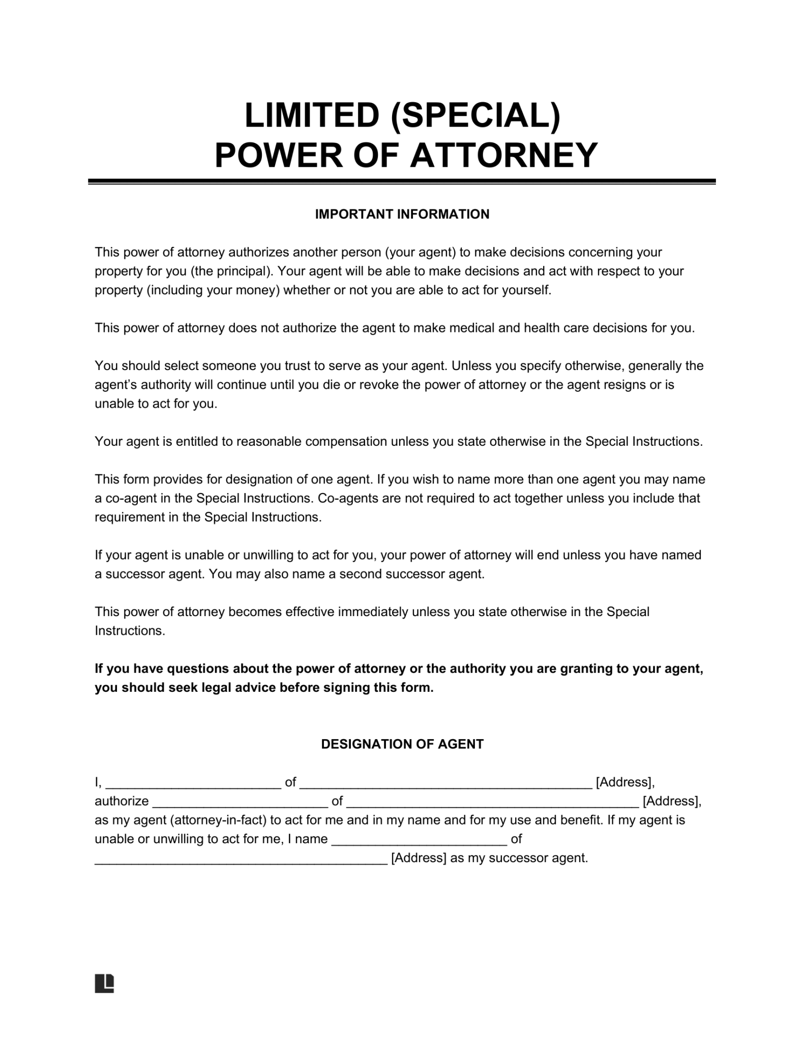 Special Power of Attorney Form Template