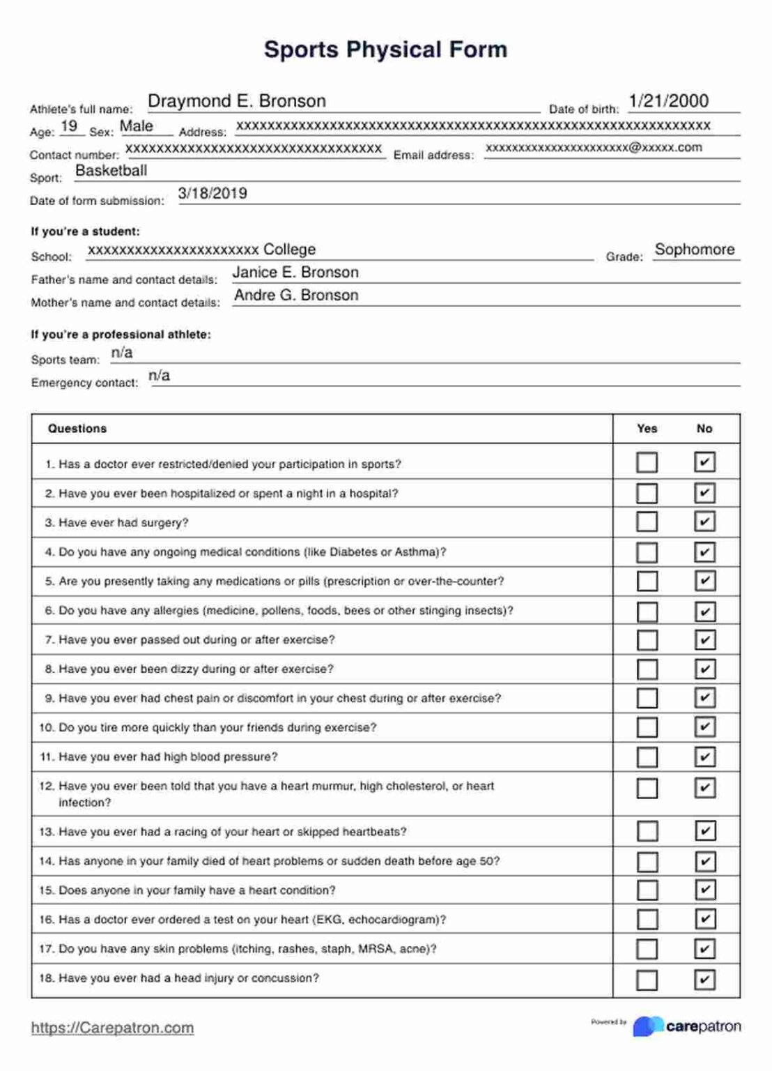 Sports Medical Information Form Template