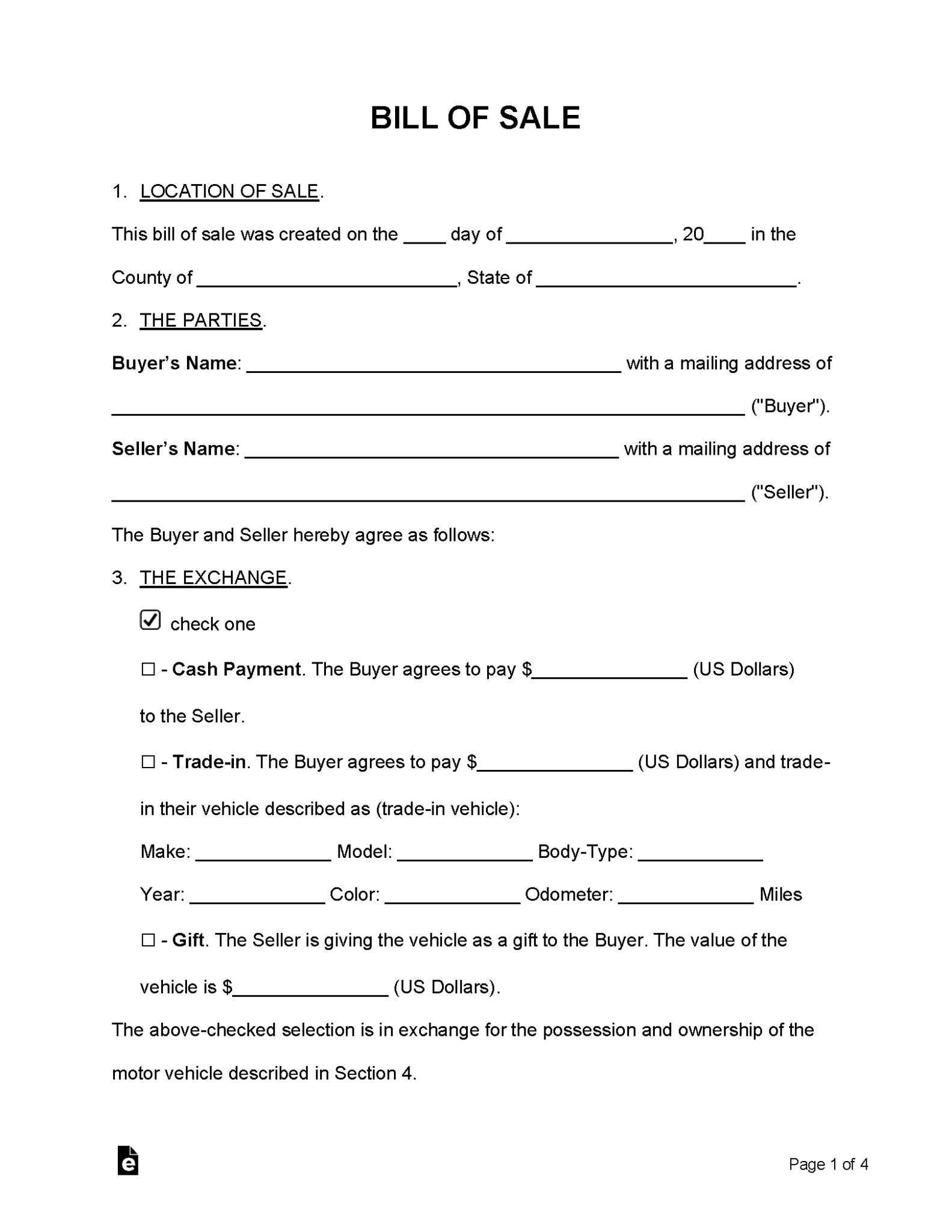 Standard Bill of Sale Form Template