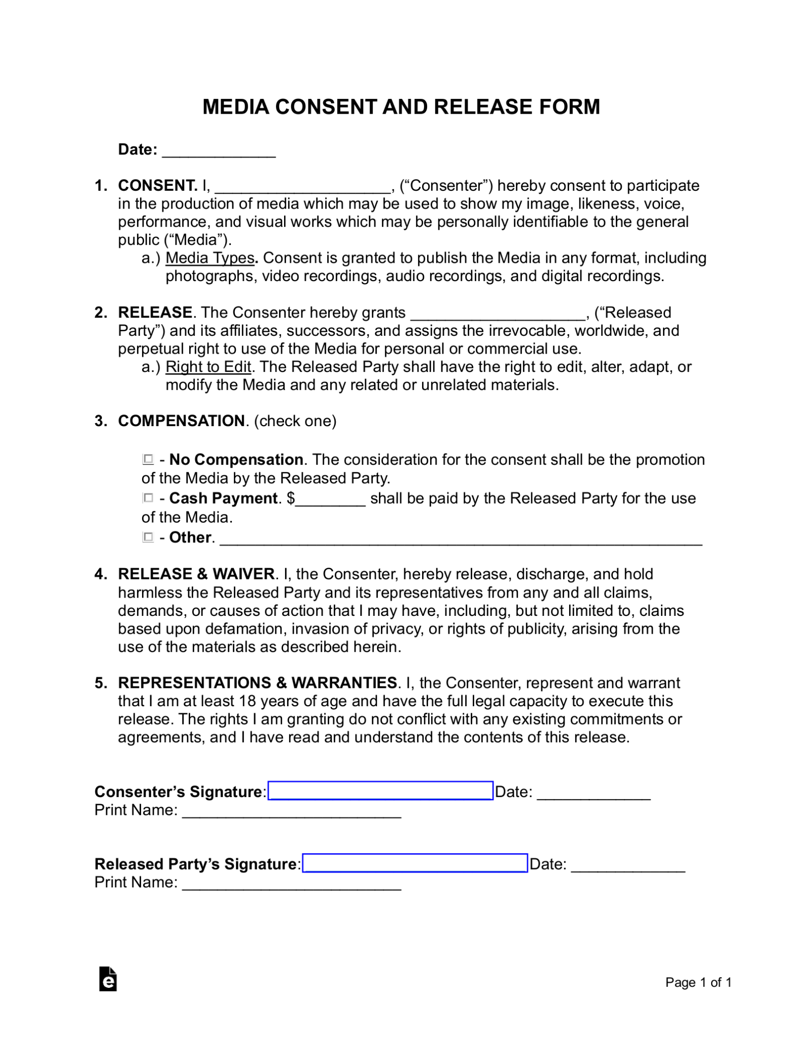 Standard Media Consent Form Template