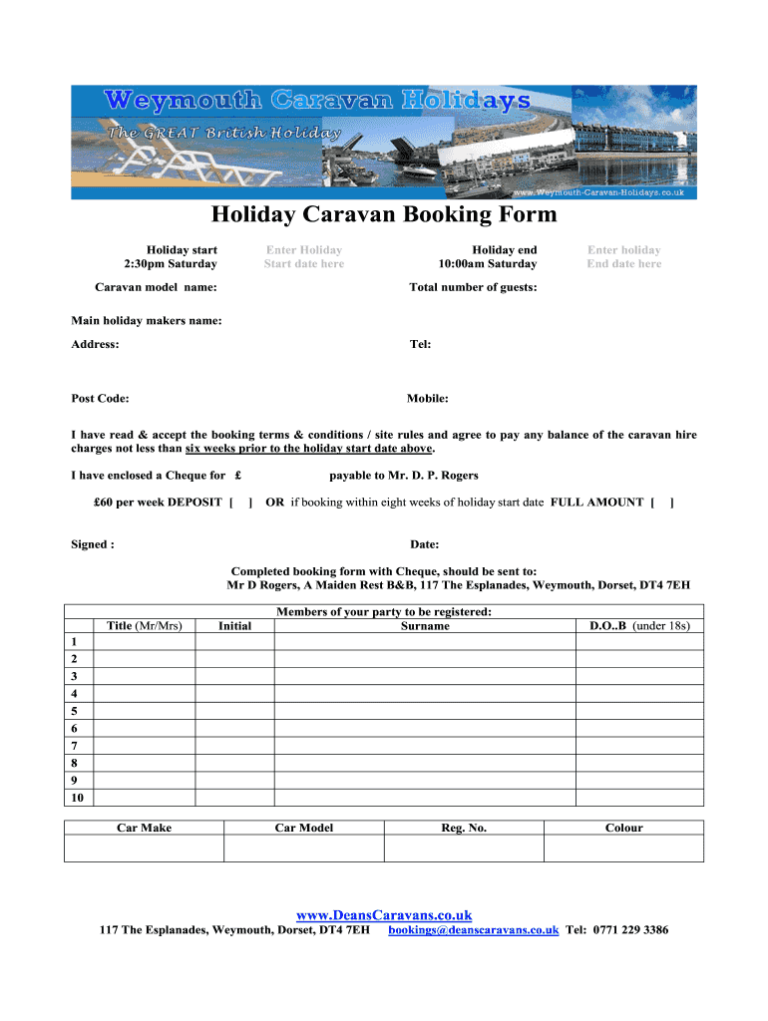 Static Caravan Booking Form Template