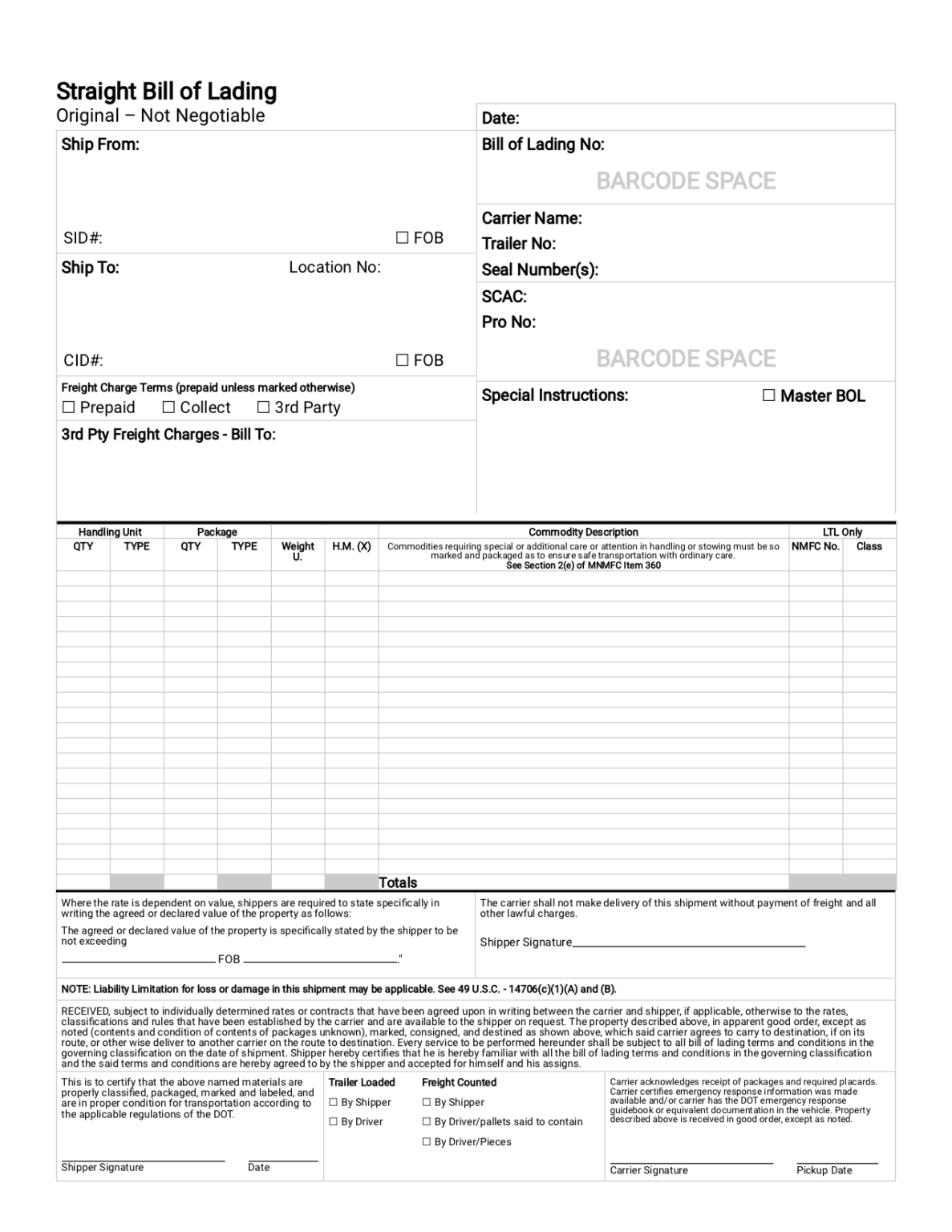 Straight Bol Short Form Template