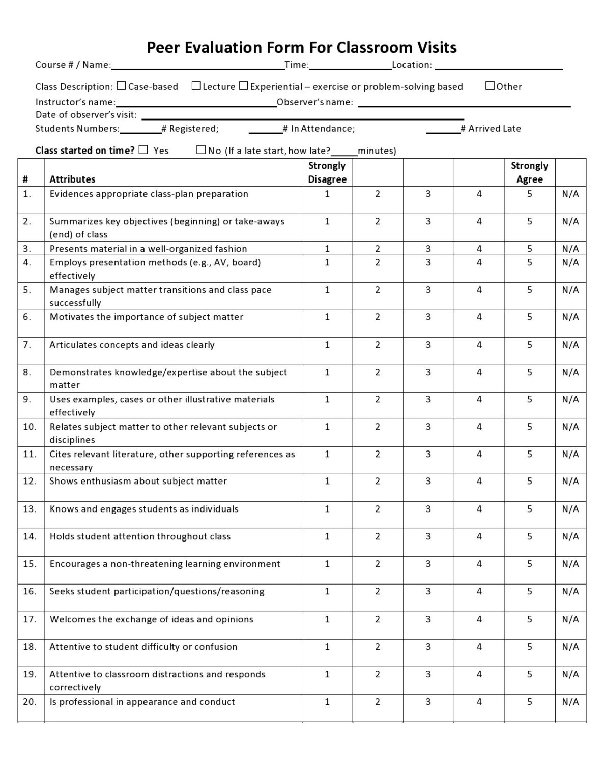 Student Peer Evaluation Form Template